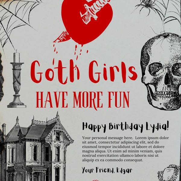 Goth Girl Birthday Card 4x6 Template - Etsy