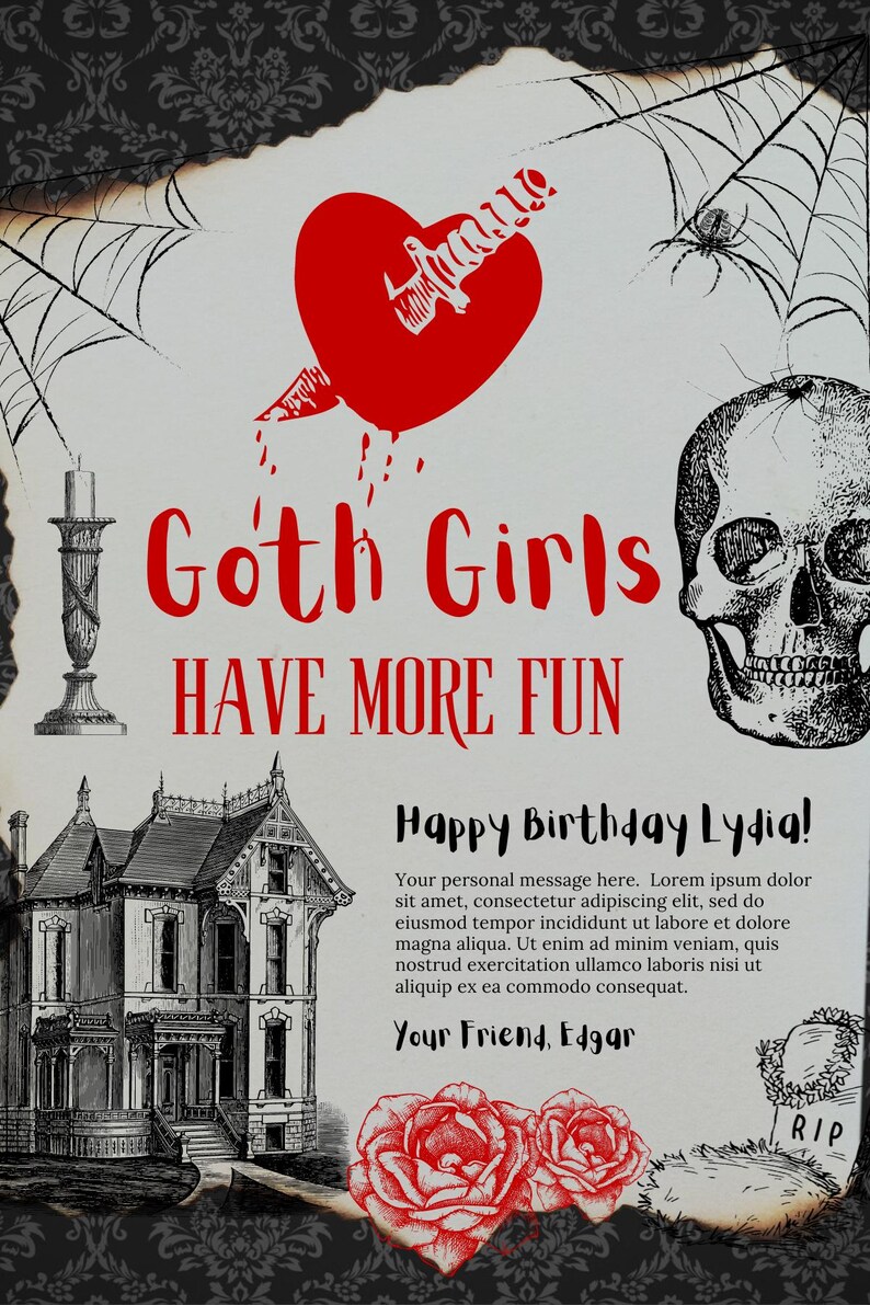 Goth Girl Birthday Card 4x6 Template - Etsy