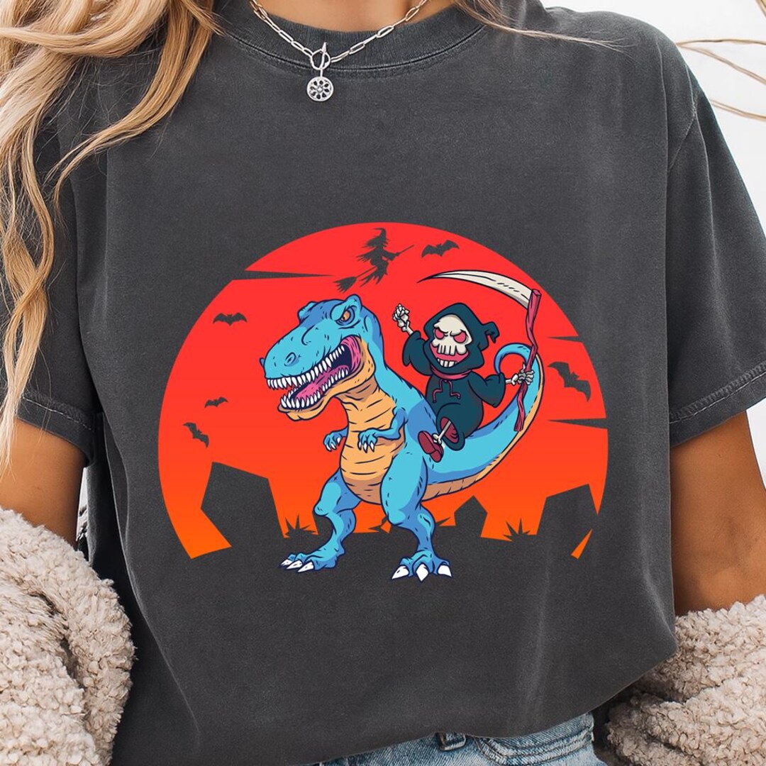 Grim Reaper Dinosaur Halloween PNG – Funny Scary Clipart With Sunset ...