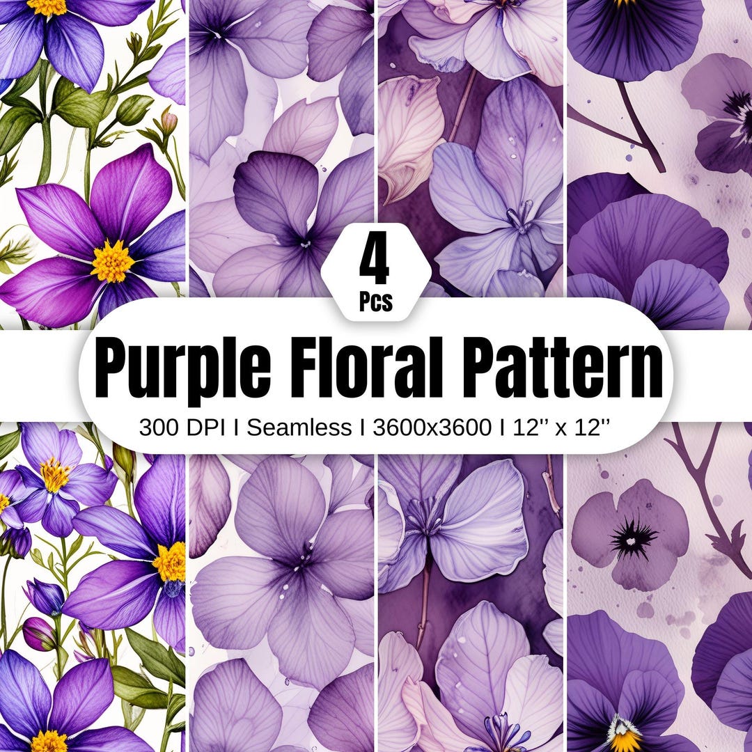 Seamless Purple Watercolor Digital Paper Pack – 4 Floral Splash ...