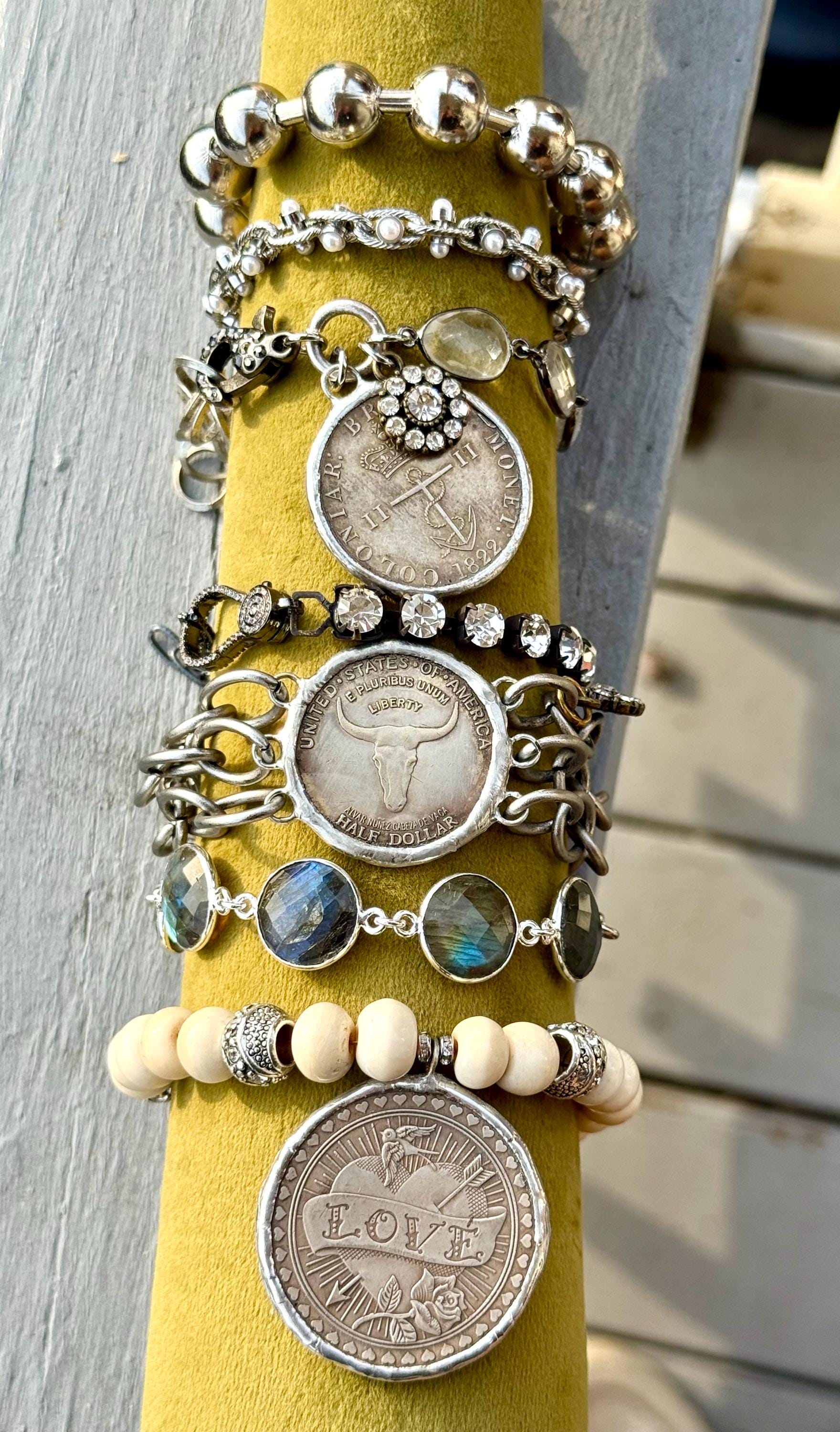 Antique Gold Cross Coin Bracelet: Quartz Rosary Chain, Rhinestone Clasp ...