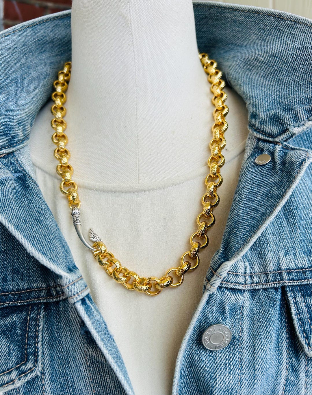 Chunky 14K Gold Plated Brass Rollo Chain Necklace: Antique Silver Hook ...