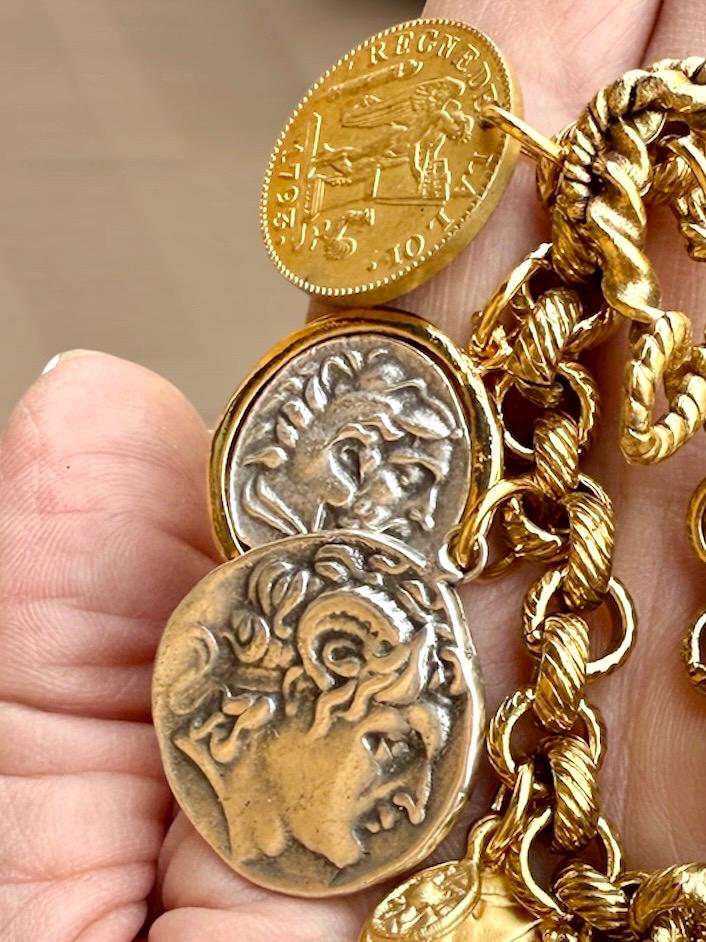 Two-tone Chunky Brass Rollo Charm Bracelet: Greek Coins and Vintage ...