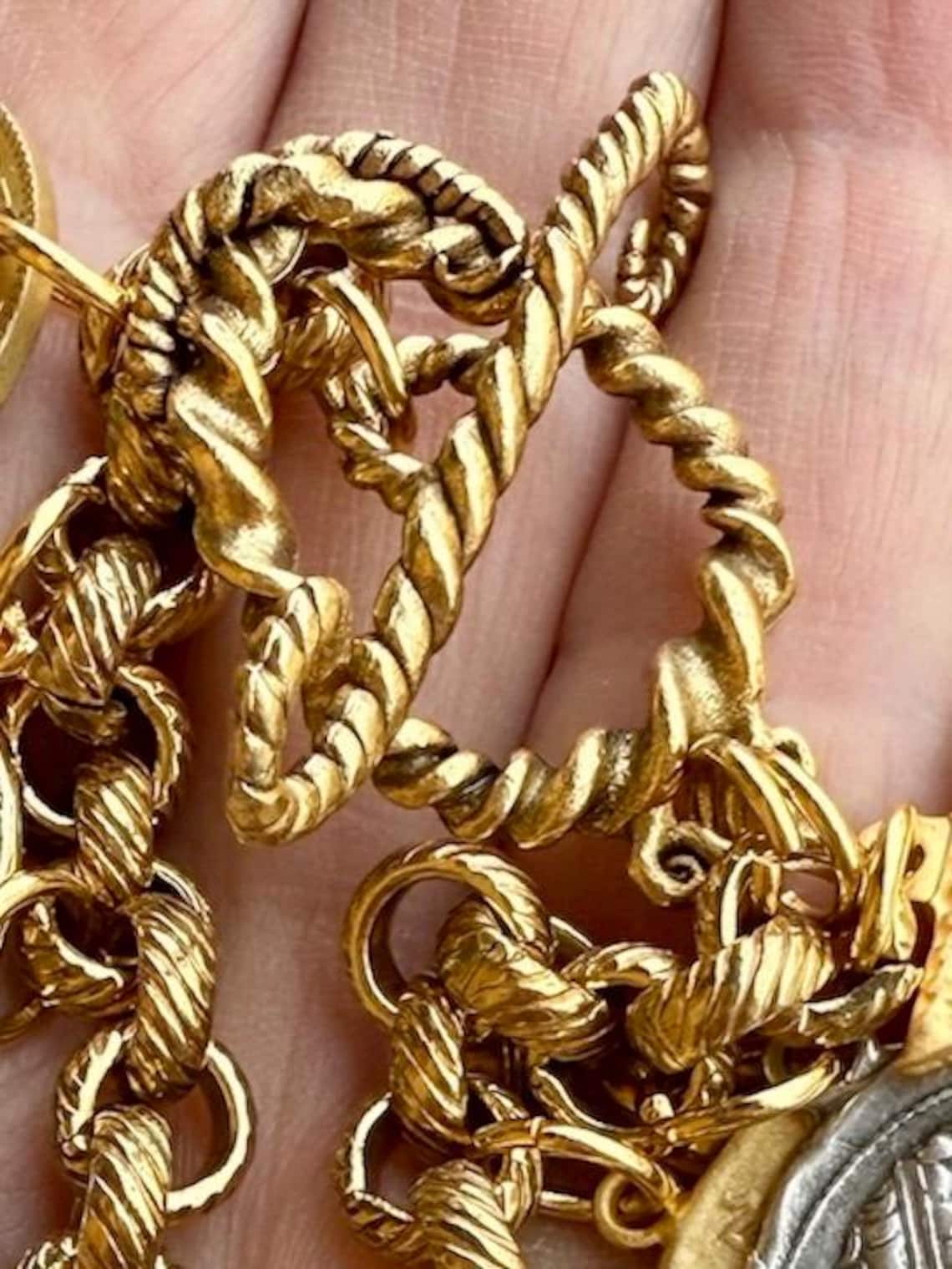 Two-tone Chunky Brass Rollo Charm Bracelet: Greek Coins and Vintage ...