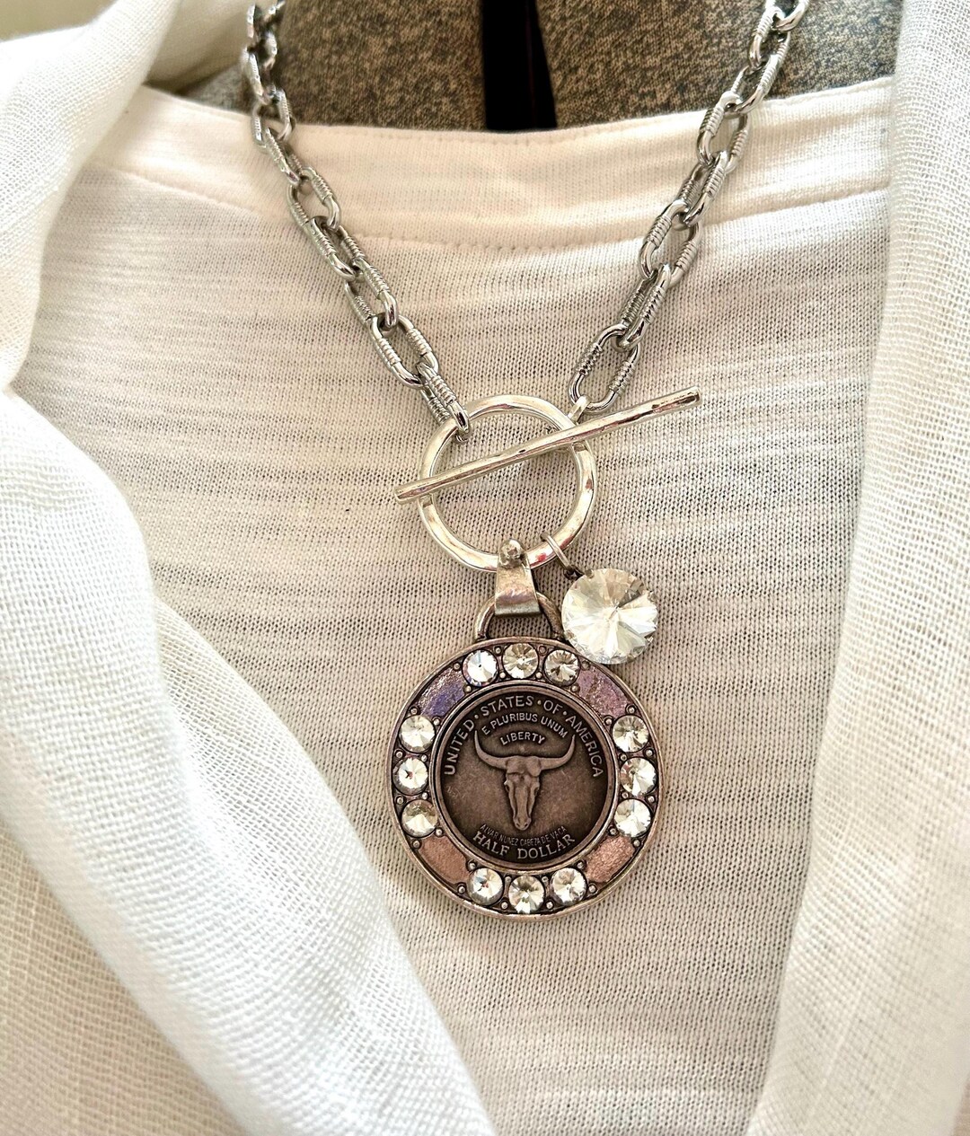 Rhinestone Texas State Coin Necklace: Chunky Rhodium Chain - Etsy