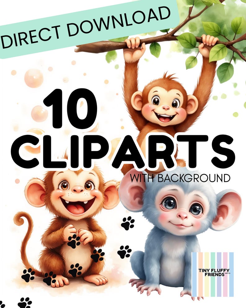Cute Fluffy Monkey Clipart - Digital Download (10 Stuks, 300 DPI, With ...