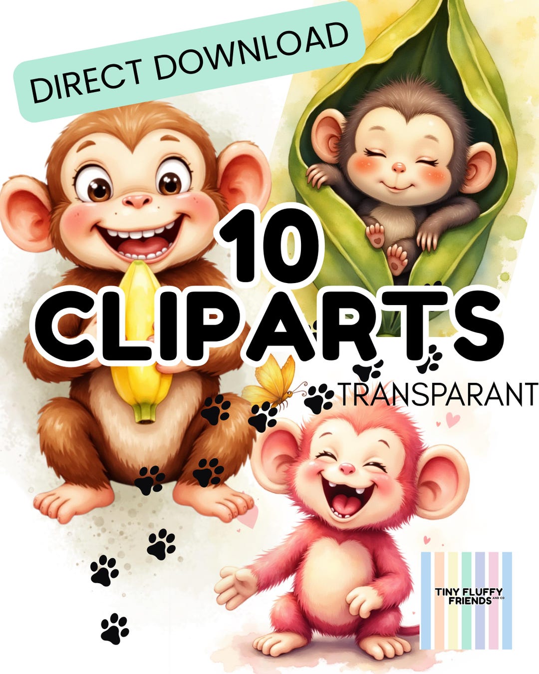 Cute Fluffy Monkey Clipart - Digital Download (10 Stuks, 300 DPI ...