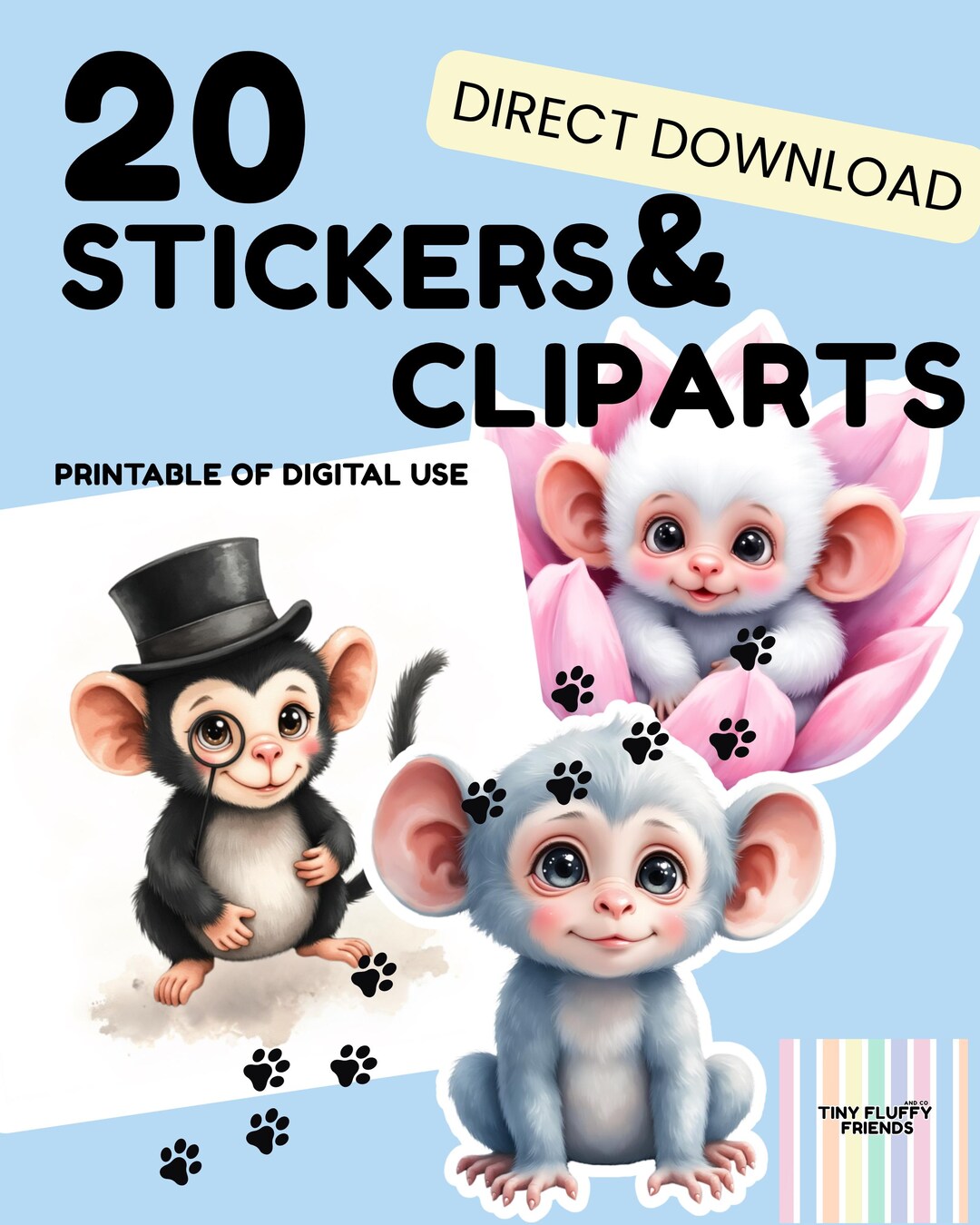 Cute Fluffy Monkey Clipart and Sticker Bundle Digital Download 96 DPI ...