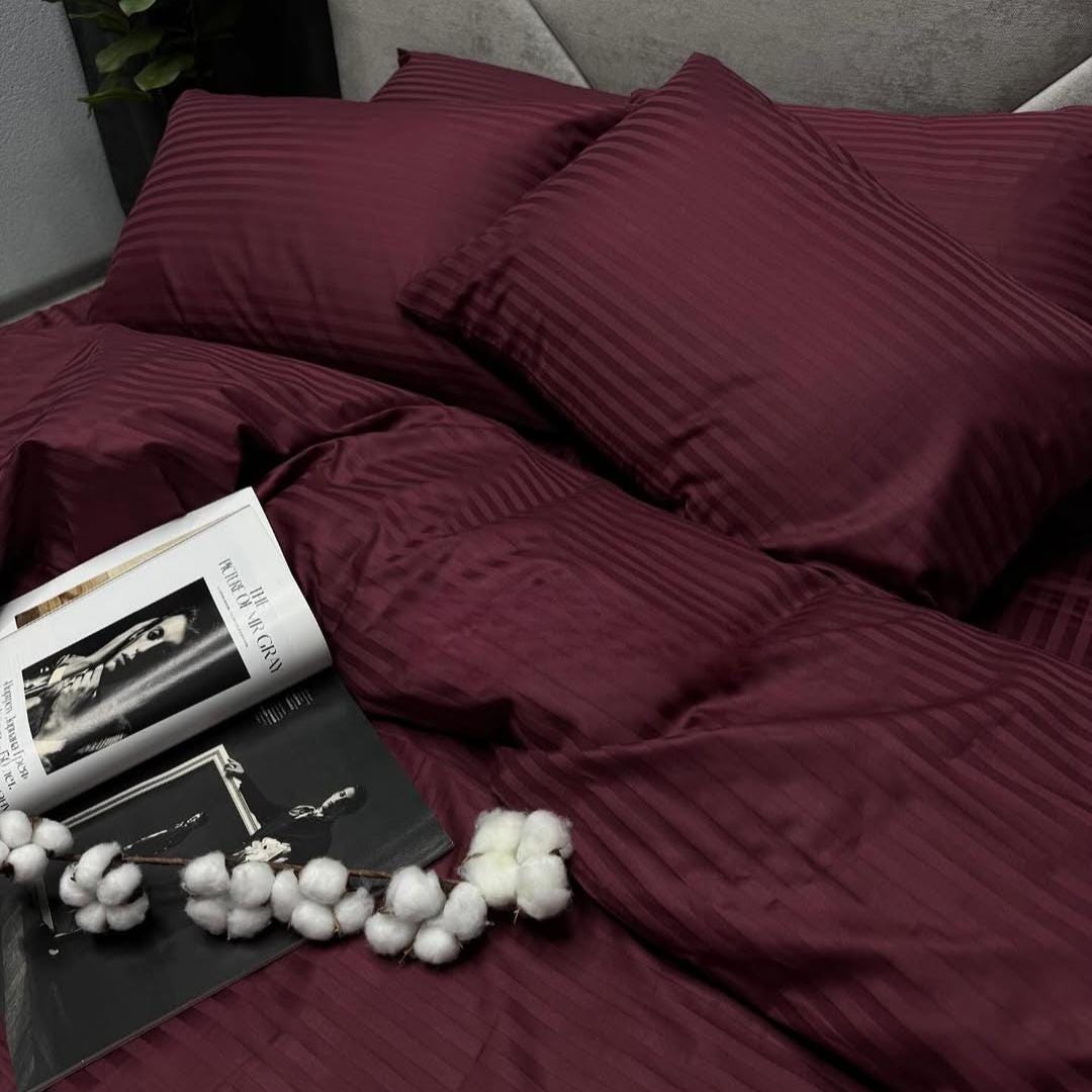 Burgundy / Maroon Striped Satin Bedding Set –natural Cotton Duvet Cover ...