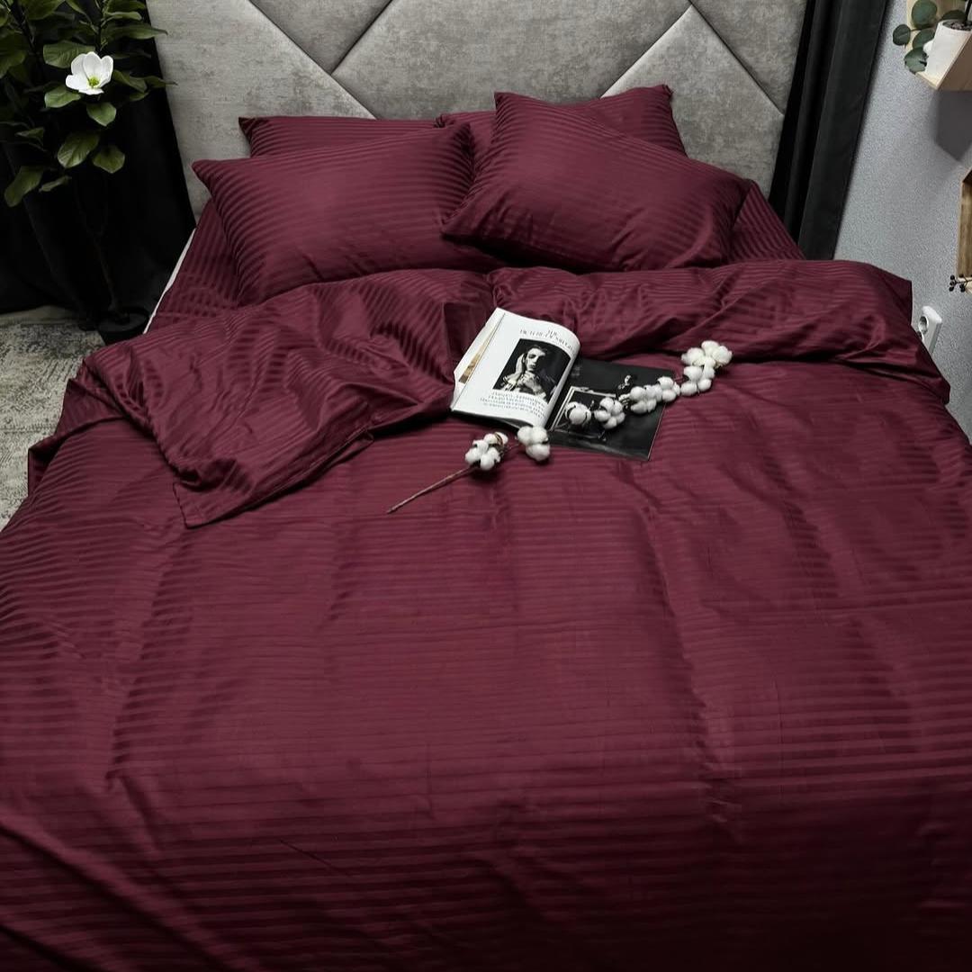 Burgundy / Maroon Striped Satin Bedding Set –natural Cotton Duvet Cover ...