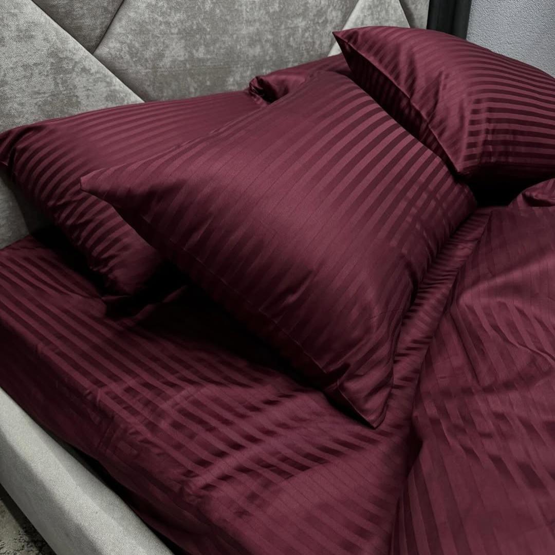 Burgundy / Maroon Striped Satin Bedding Set –natural Cotton Duvet Cover ...