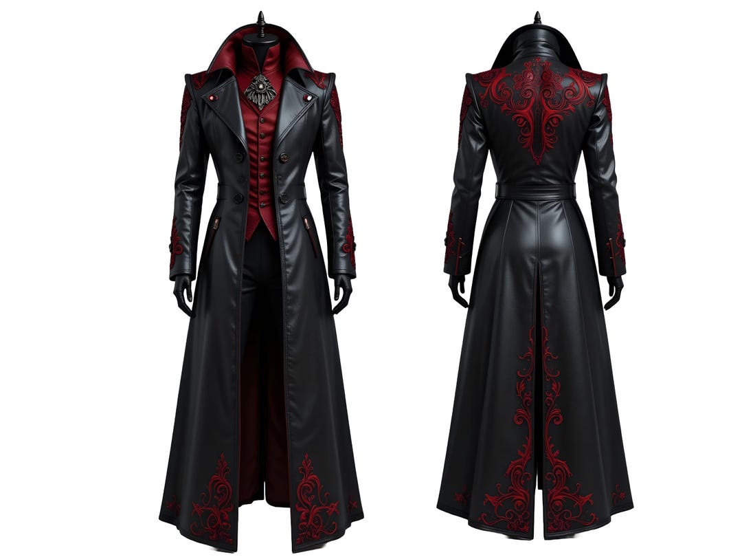 Gothic Vampire Trench Coat – Black & Red Leather Vampire Coat ...