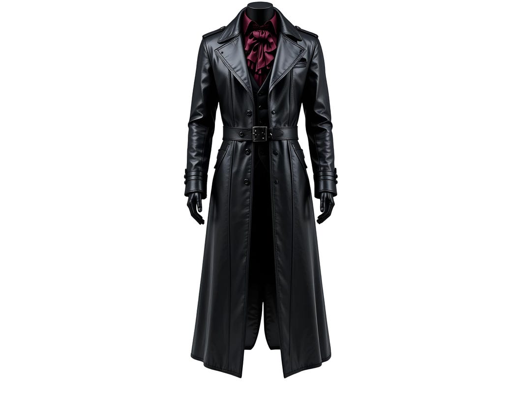 Men’s Gothic Dracula Long Leather Trench Coat | Black Vampire Overcoat ...