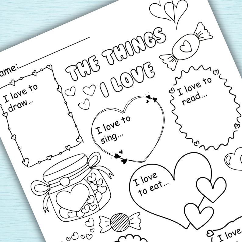 Valentine's Day Activity Sheet, Things I Love Printable, All About Me ...