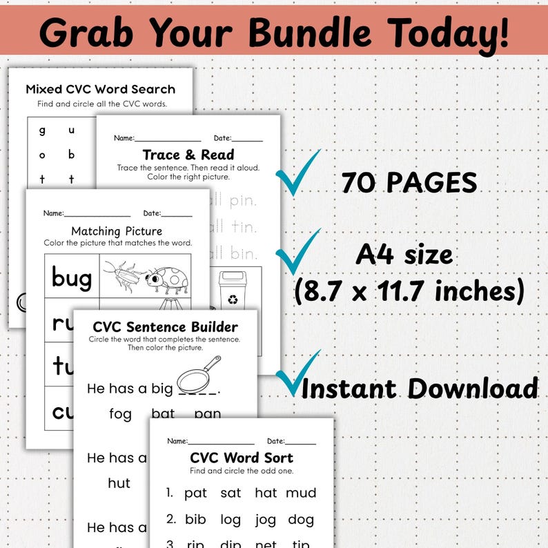 Printable CVC Word Worksheet Bundle: 70-page Phonics Activities (PDF ...