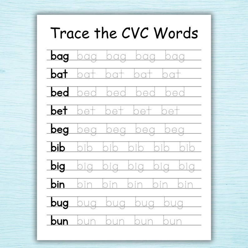 CVC Words Tracing Worksheets: Kindergarten & Preschool Handwriting and ...