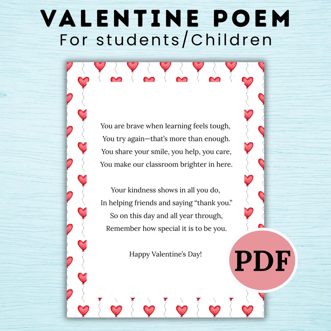 Valentine Poem Printable, Classroom Decor, Kids Valentine's Day ...