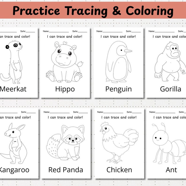 Preschool Animal Tracing and Coloring Worksheet: Handwriting Practice ...