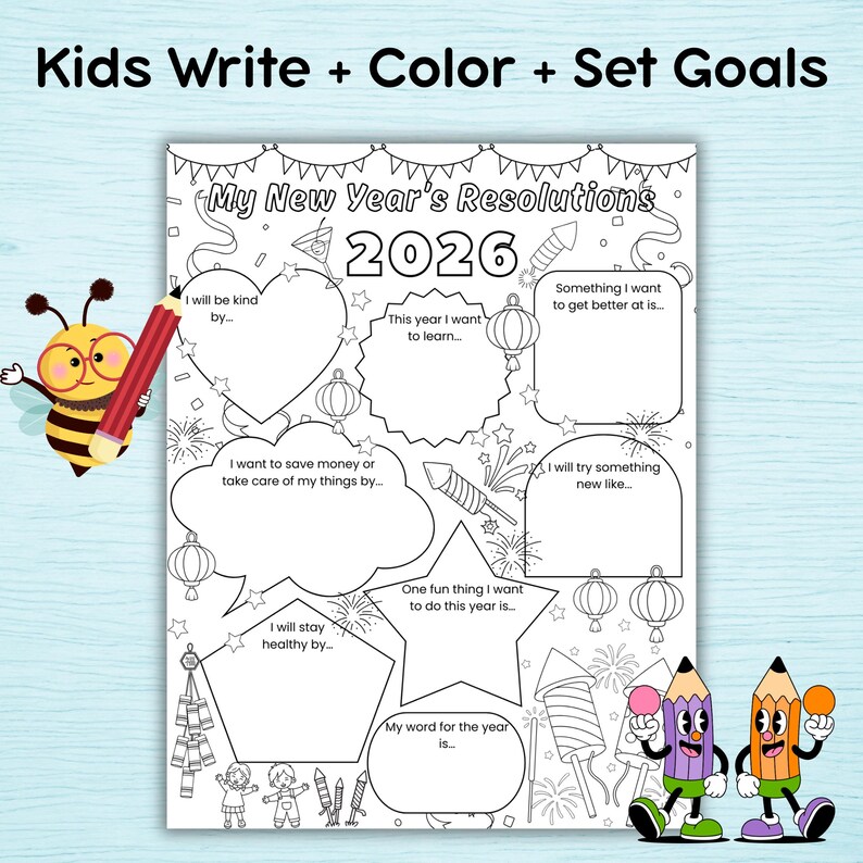 New Year’s Resolutions 2026 Template for Kids, Goal Setting Coloring ...