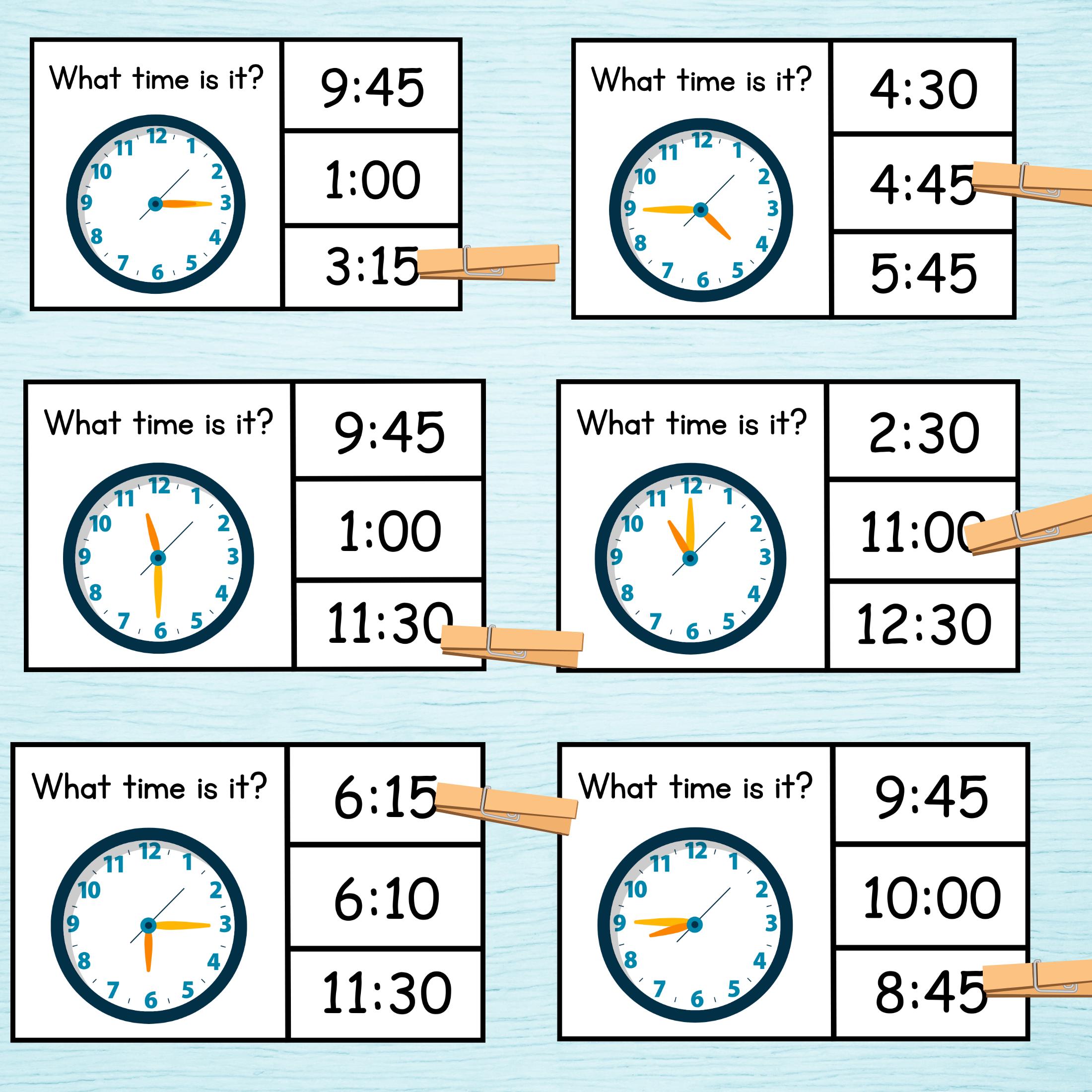 Printable Telling Time Clip Cards: Learning Time Clock Activity Binder ...