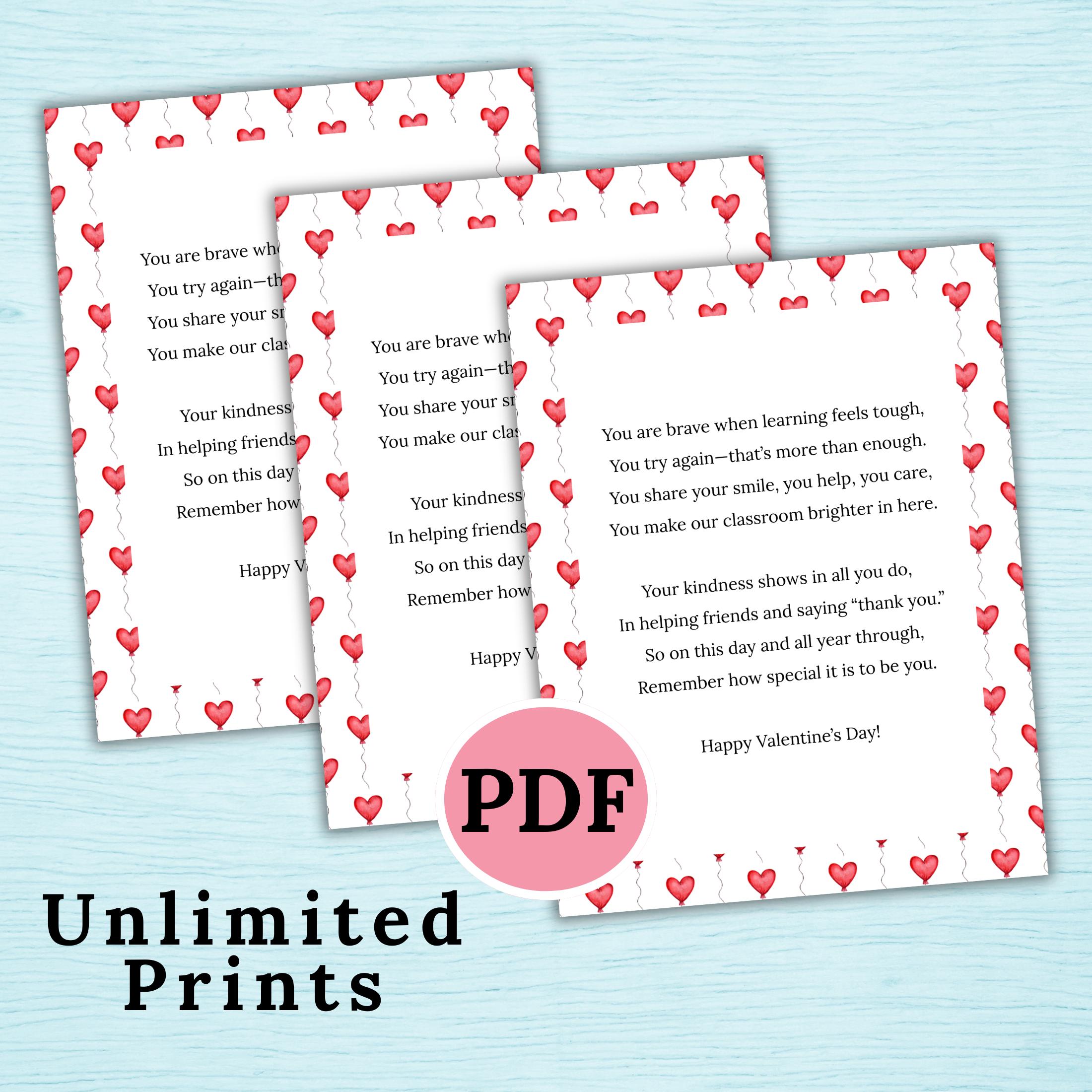 Valentine Poem Printable, Classroom Decor, Kids Valentine's Day ...