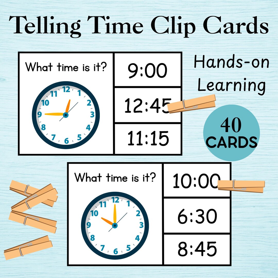 Printable Telling Time Clip Cards: Learning Time Clock Activity Binder ...