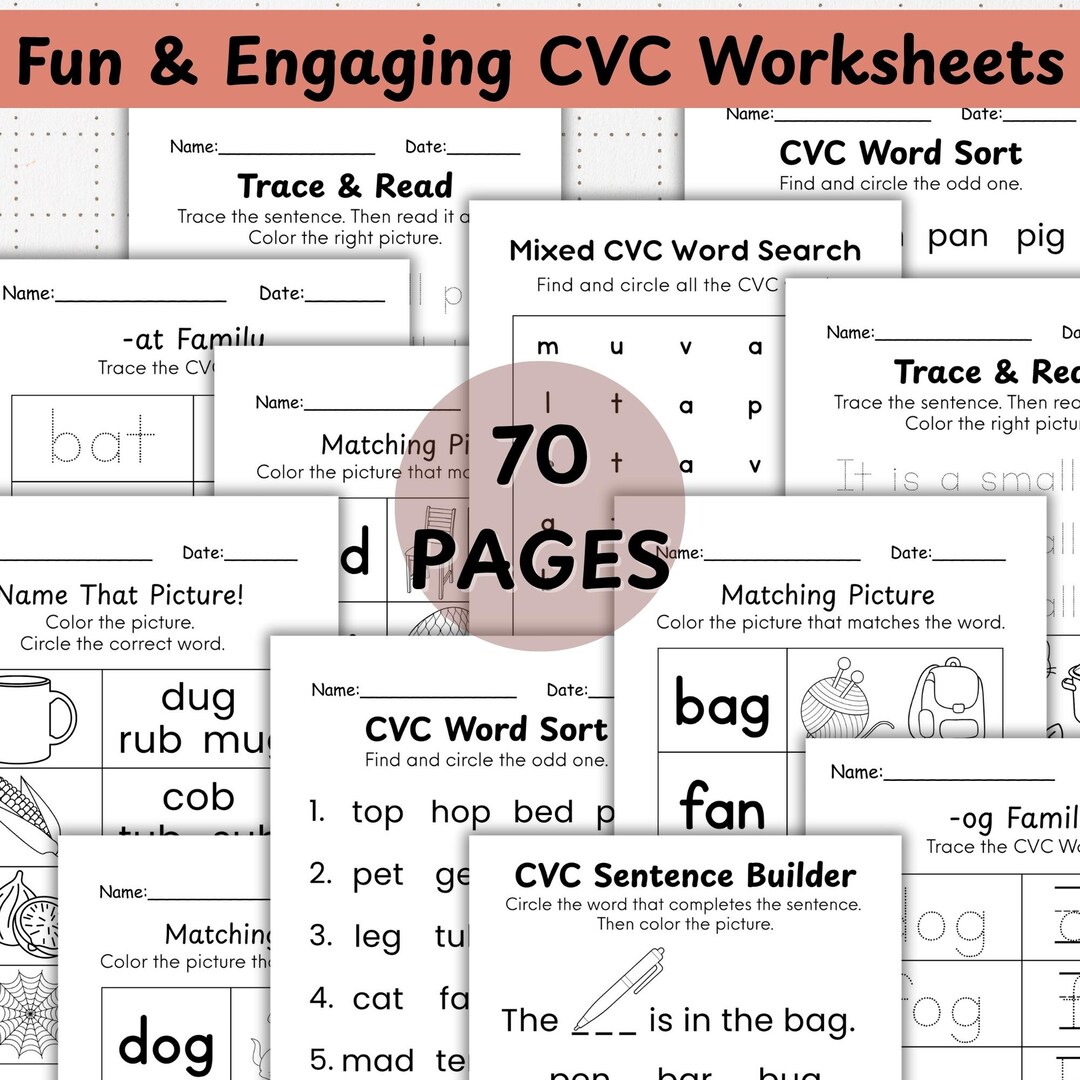 Printable CVC Word Worksheet Bundle: 70-page Phonics Activities (PDF ...