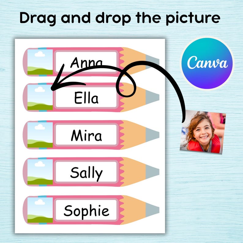 Pencil Theme Classroom Name Tags With Pictures - Printable Canva ...