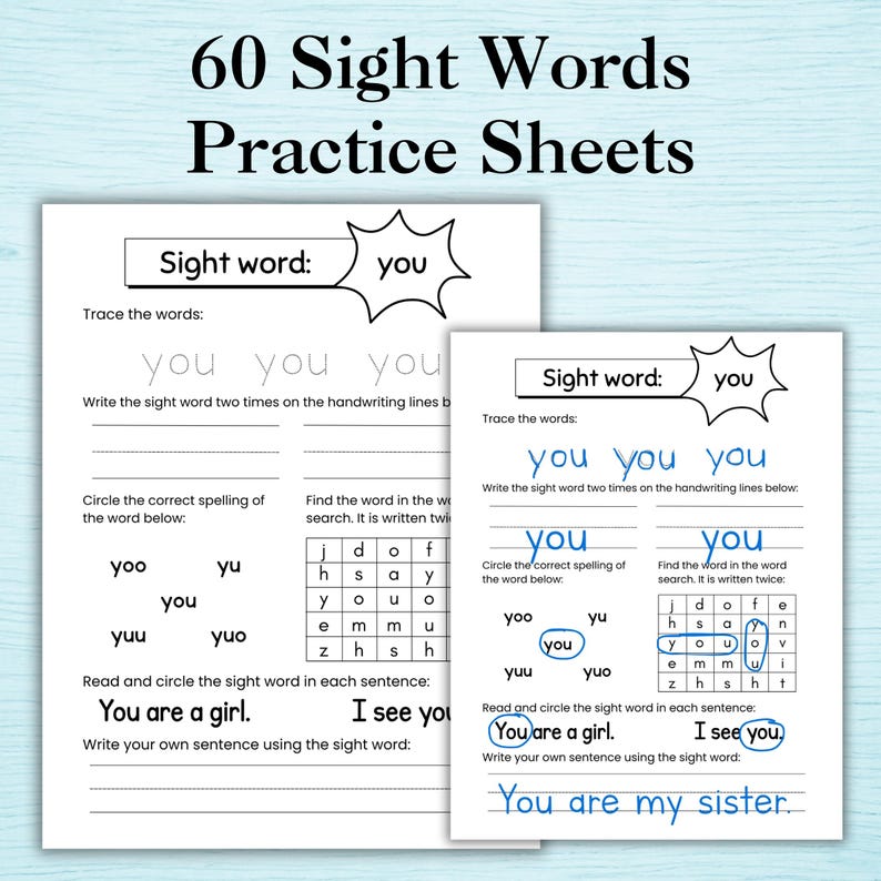 Sight Word Worksheets: First 60 Fry Words, Literacy Printable (digital ...