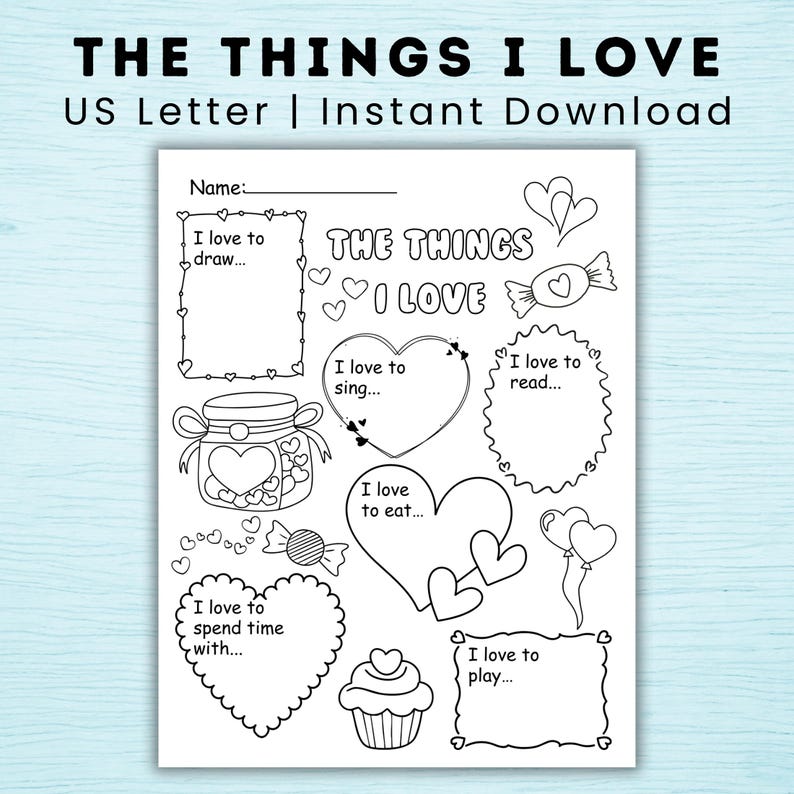 Valentine's Day Activity Sheet, Things I Love Printable, All About Me ...