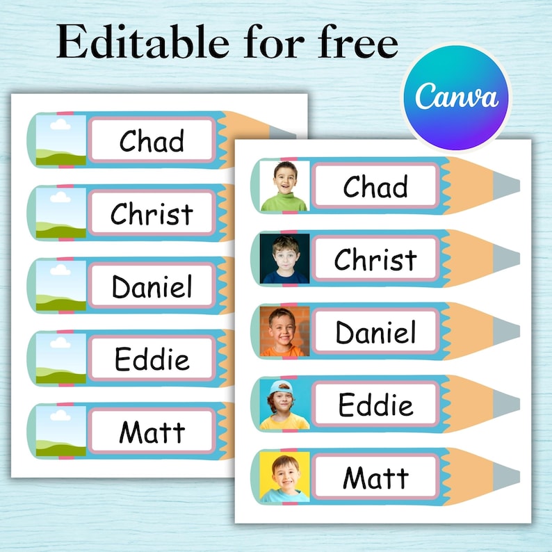 Pencil Theme Classroom Name Tags With Pictures - Printable Canva ...