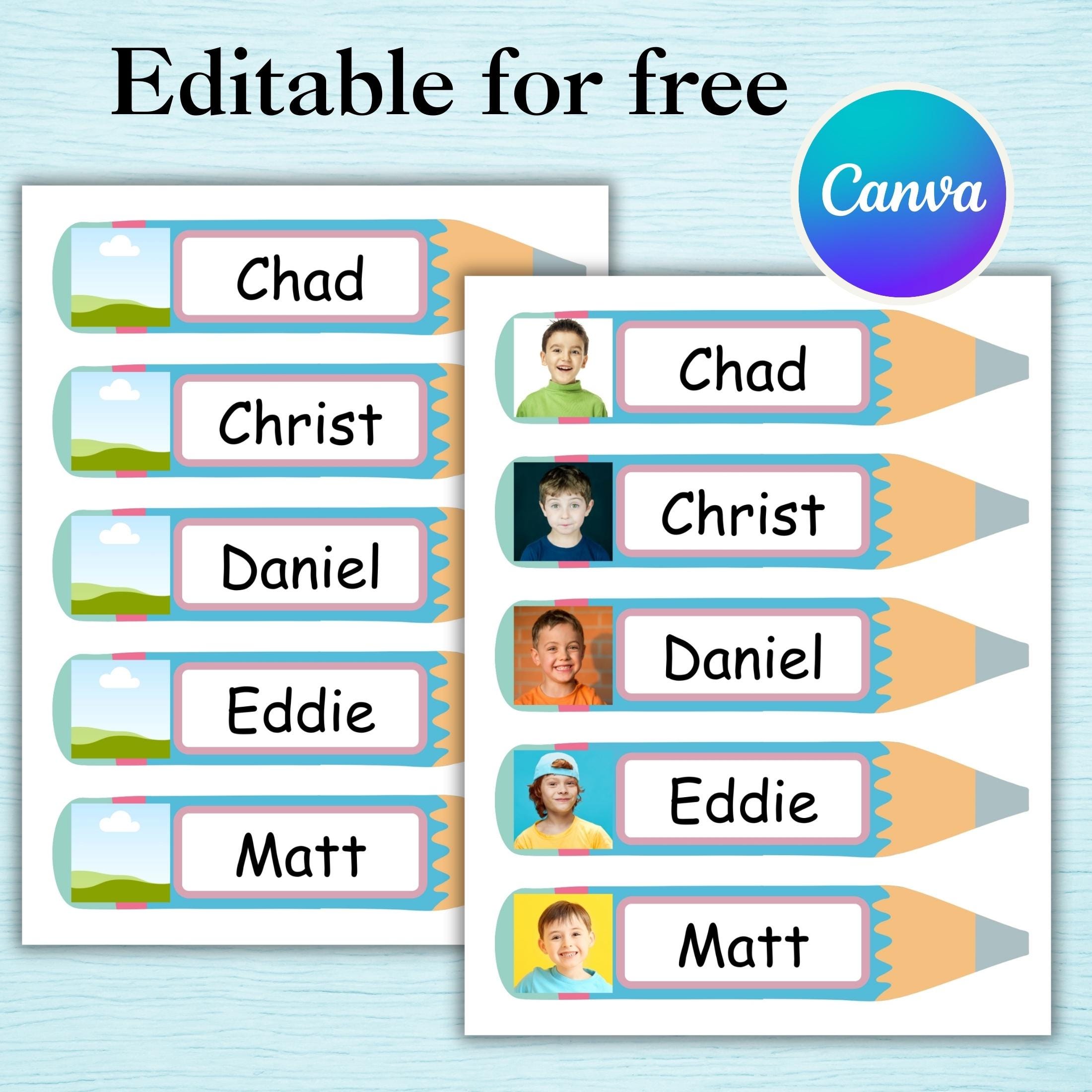 Pencil Theme Classroom Name Tags With Pictures - Printable Canva ...