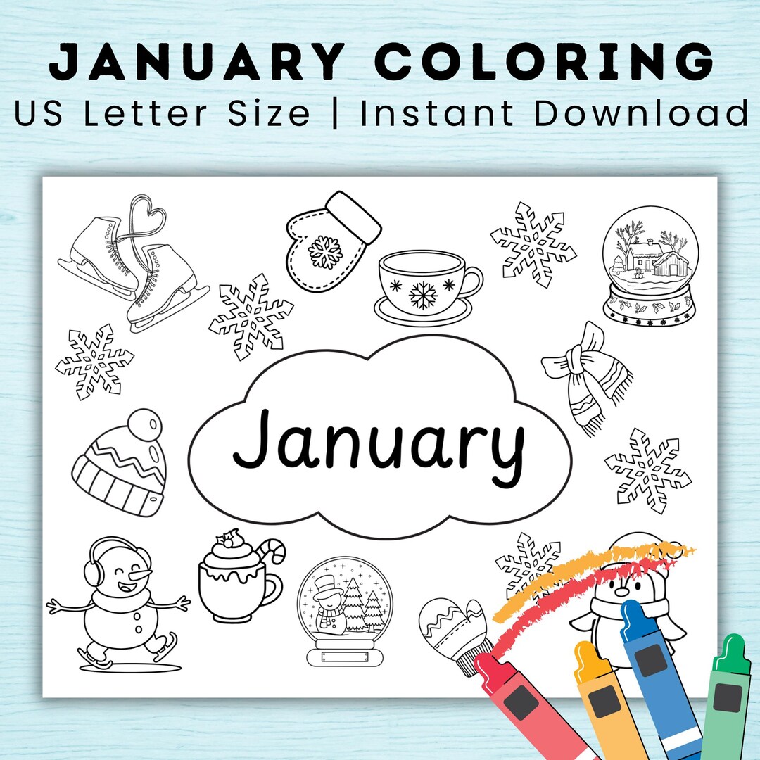 January Coloring Page Printable, Winter Coloring Pages for Kids, Snow ...