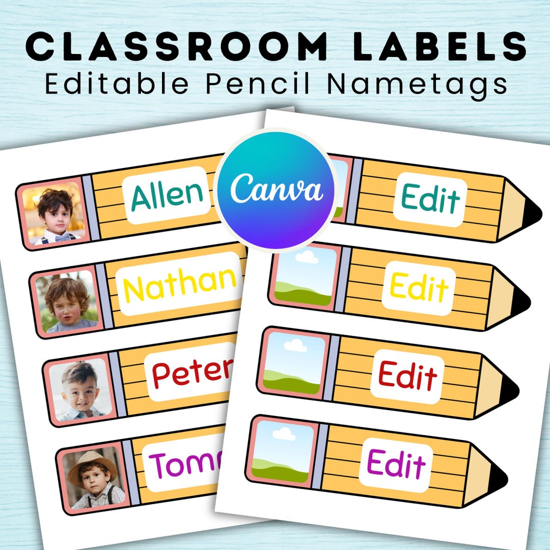 Editable Pencil Name Tags With Photo: Classroom Desk Labels (digital ...