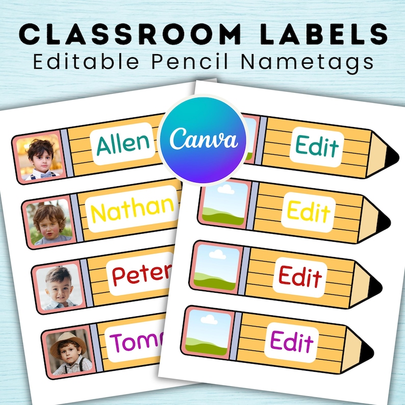 Editable Pencil Name Tags With Photo: Classroom Desk Labels (digital ...