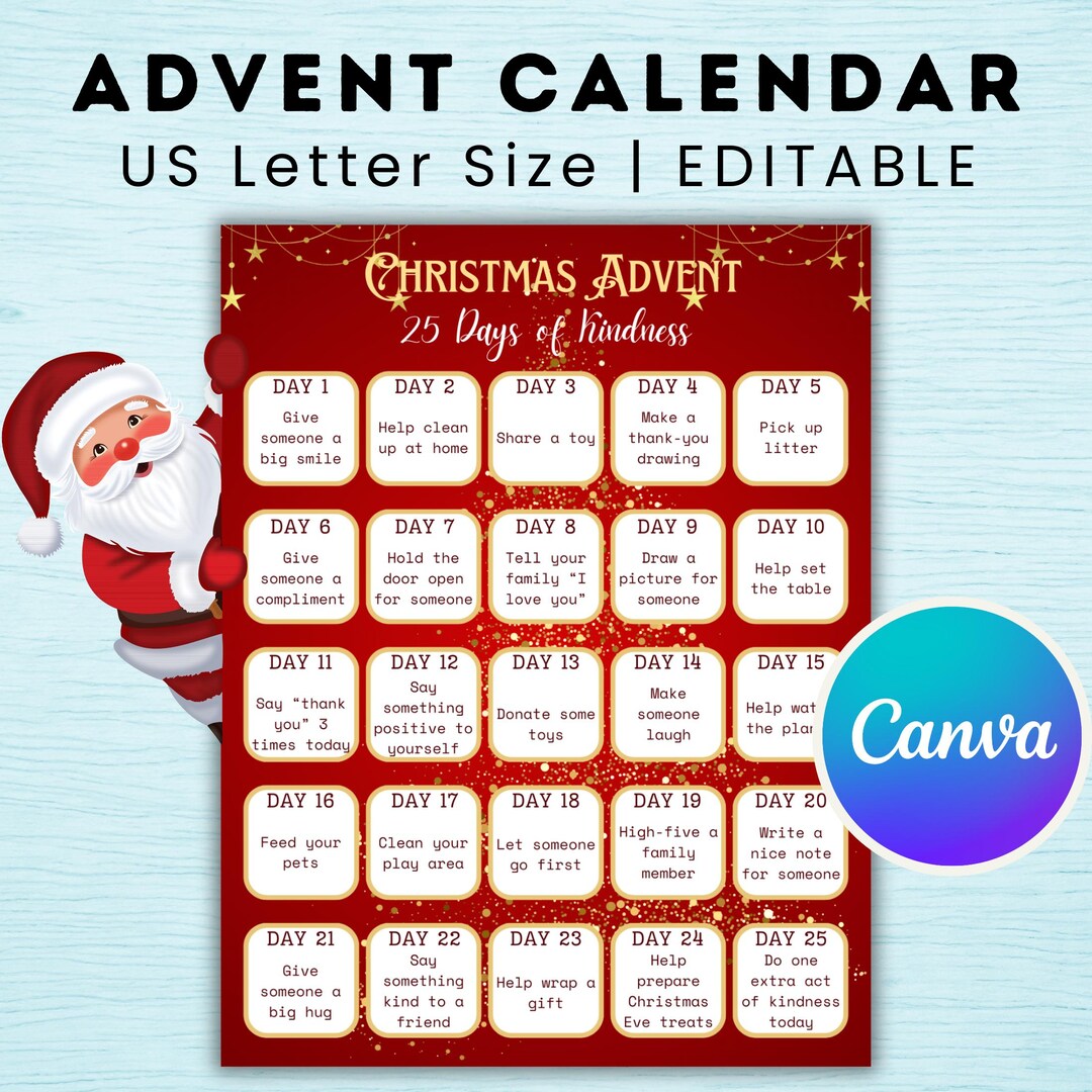 Christmas Kindness Advent Calendar, Holiday Kindness Countdown, Party ...