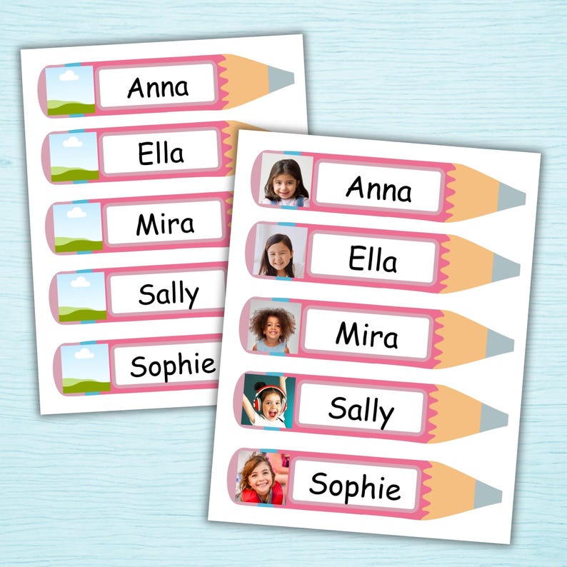 Pencil Theme Classroom Name Tags With Pictures - Printable Canva ...