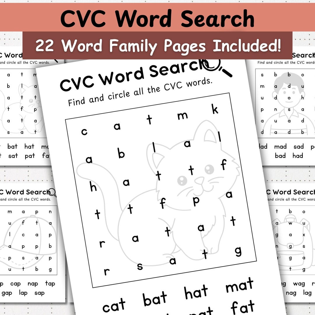 CVC Word Search Worksheets: Phonics Activities for Kindergarten (22 ...