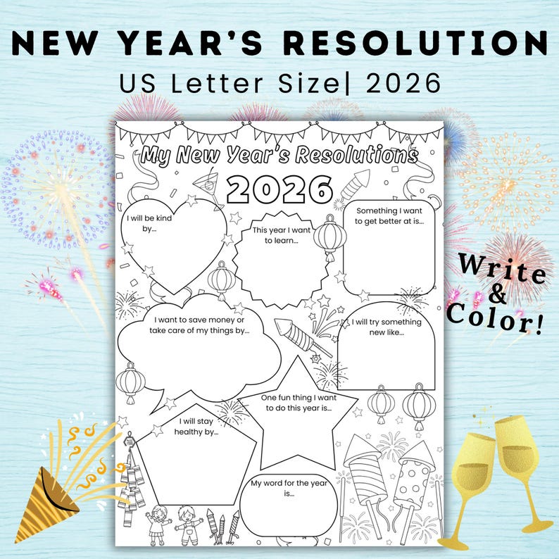 New Year’s Resolutions 2026 Template for Kids, Goal Setting Coloring ...