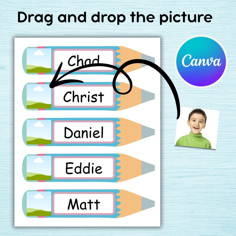 Pencil Theme Classroom Name Tags With Pictures - Printable Canva ...