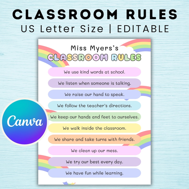 Rainbow Pastel Classroom Rules Poster, Editable Teacher Resource ...