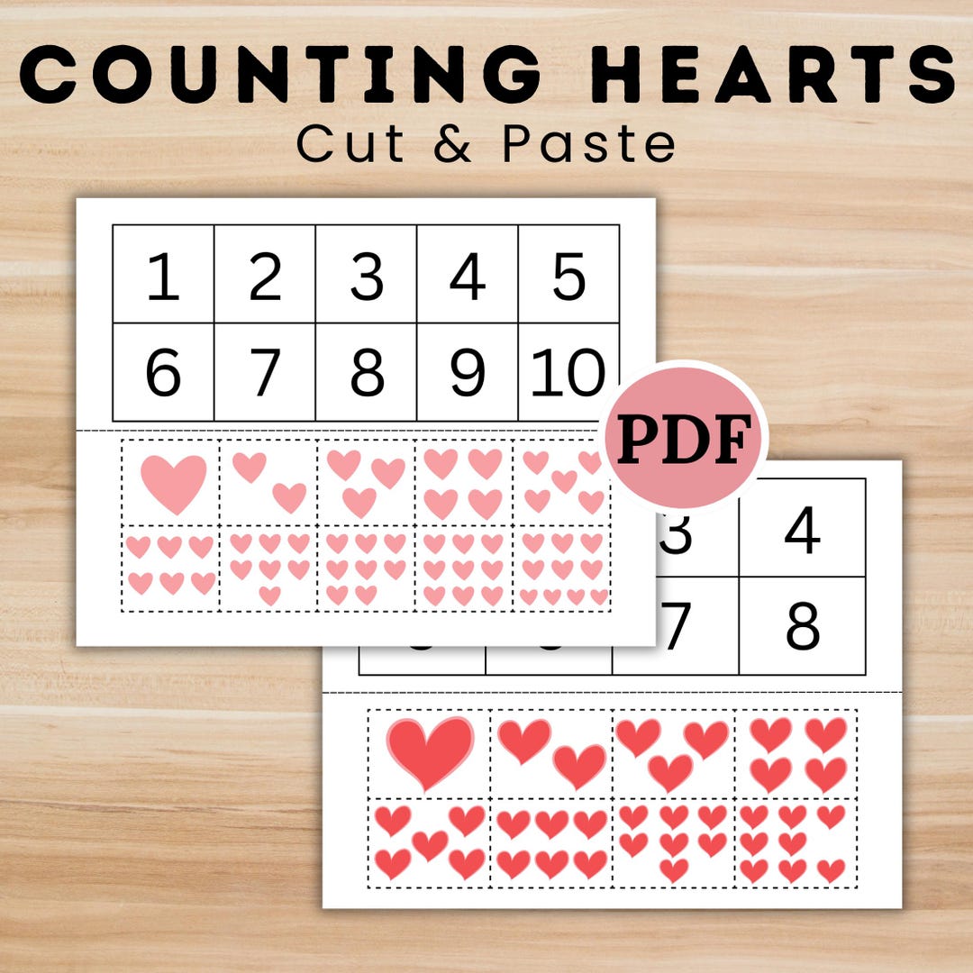 Hearts Count Cut and Paste Math Activity, Numbers 1-10 Worksheet ...