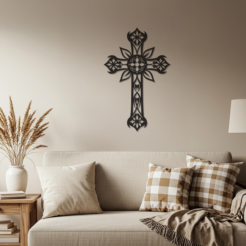 Floral Scroll Cross Metal Wall Art – Elegant Christian Wall Decor for ...