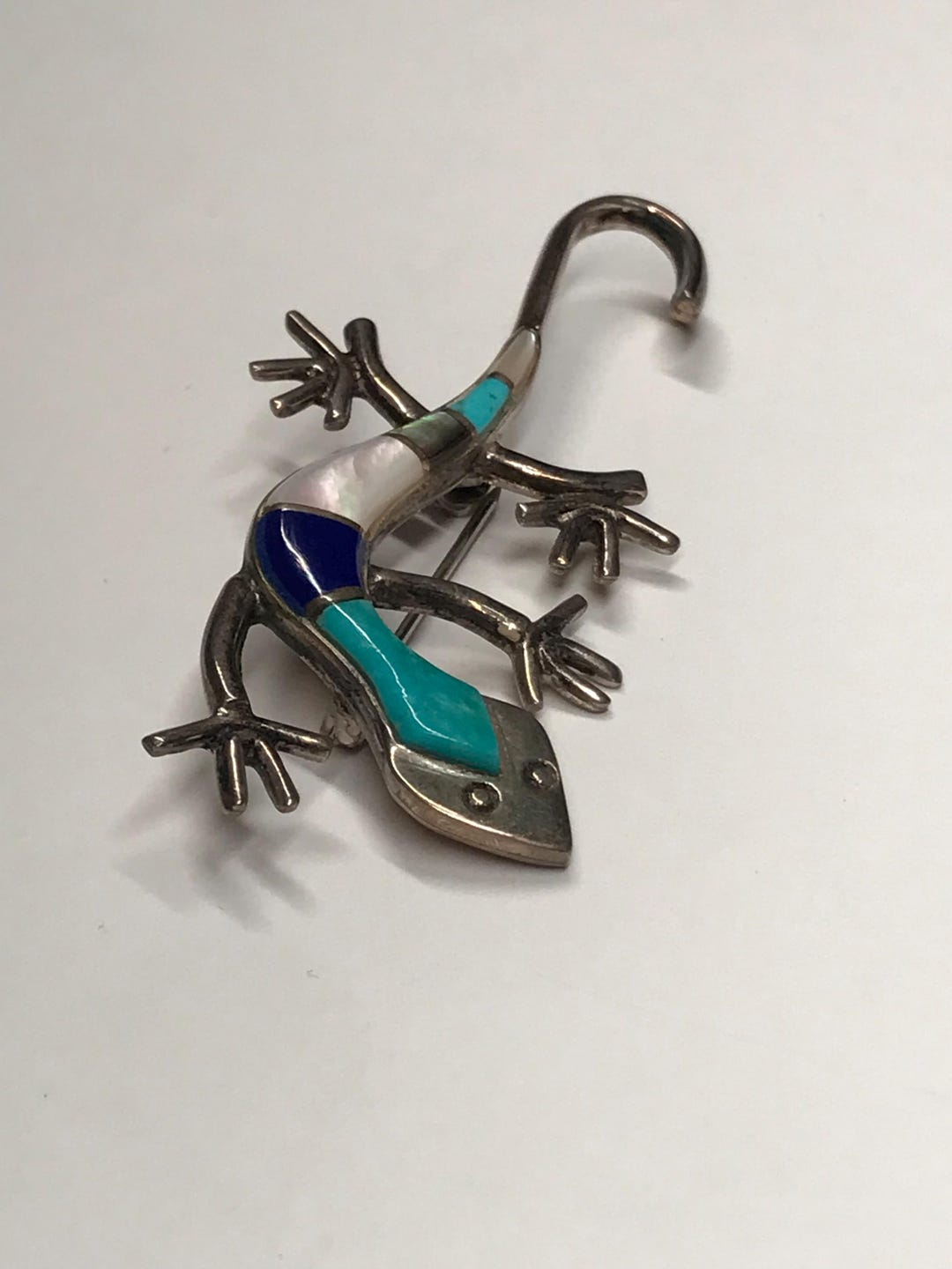 Vintage Native American Lizard Gecko PIN Silver With Inlay Abalone MOP ...