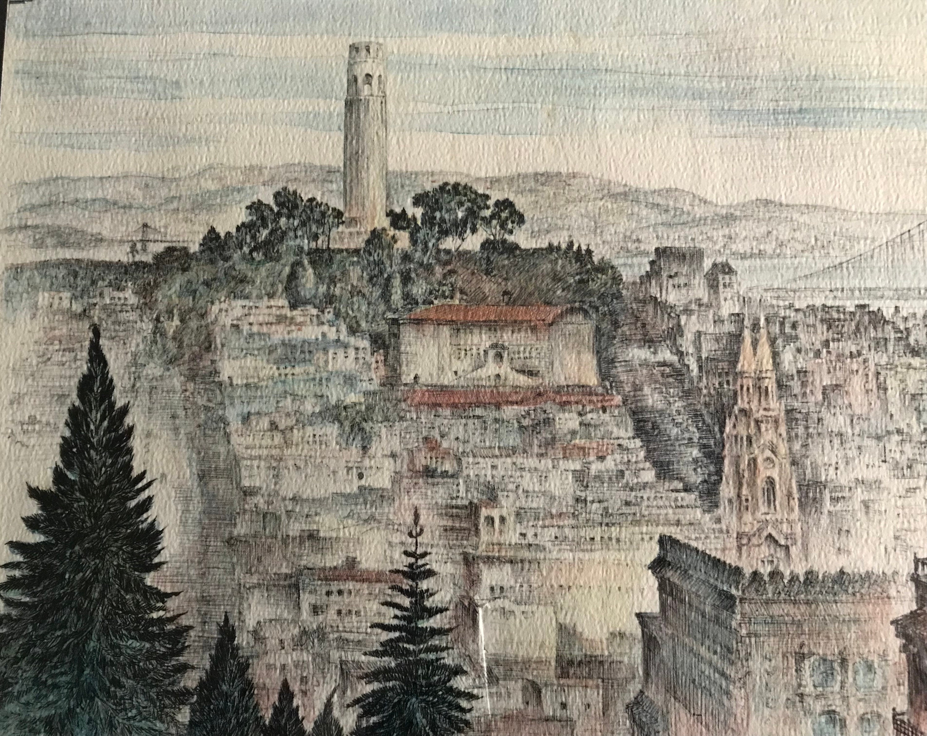 Signed Etching by Alec Stern Romantic Telegraph Hill Matted and Framed ...