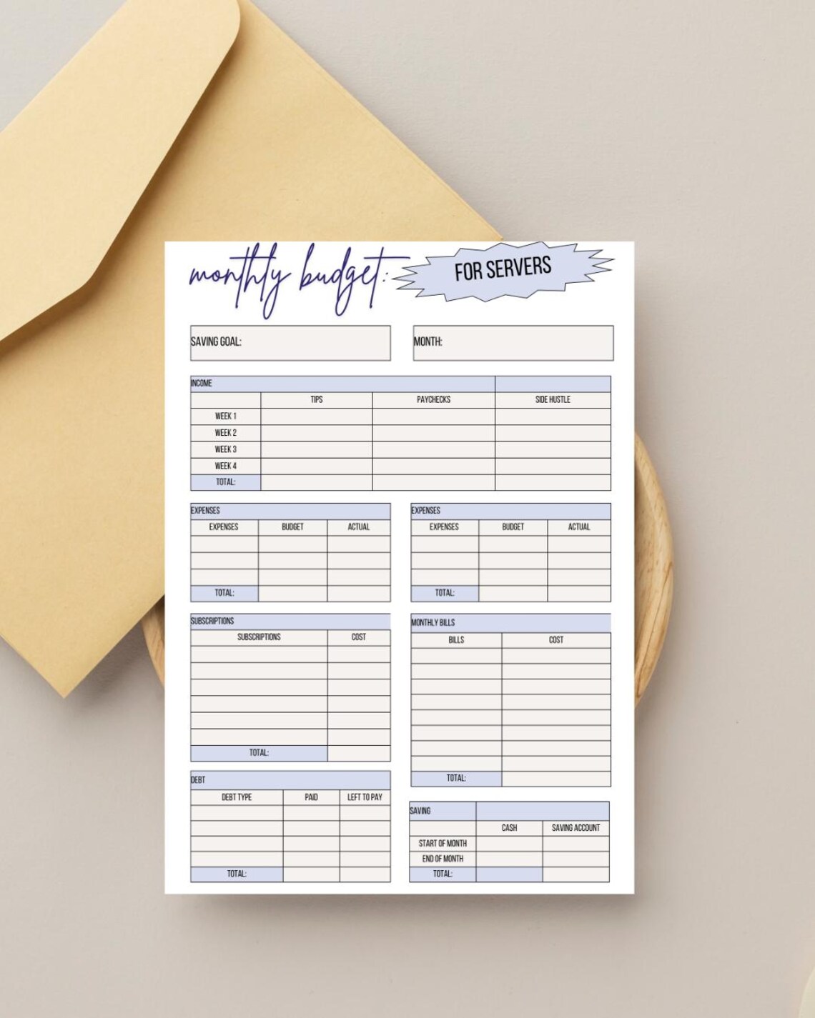 Printable Monthly Budget for Servers- Editable Template - Etsy