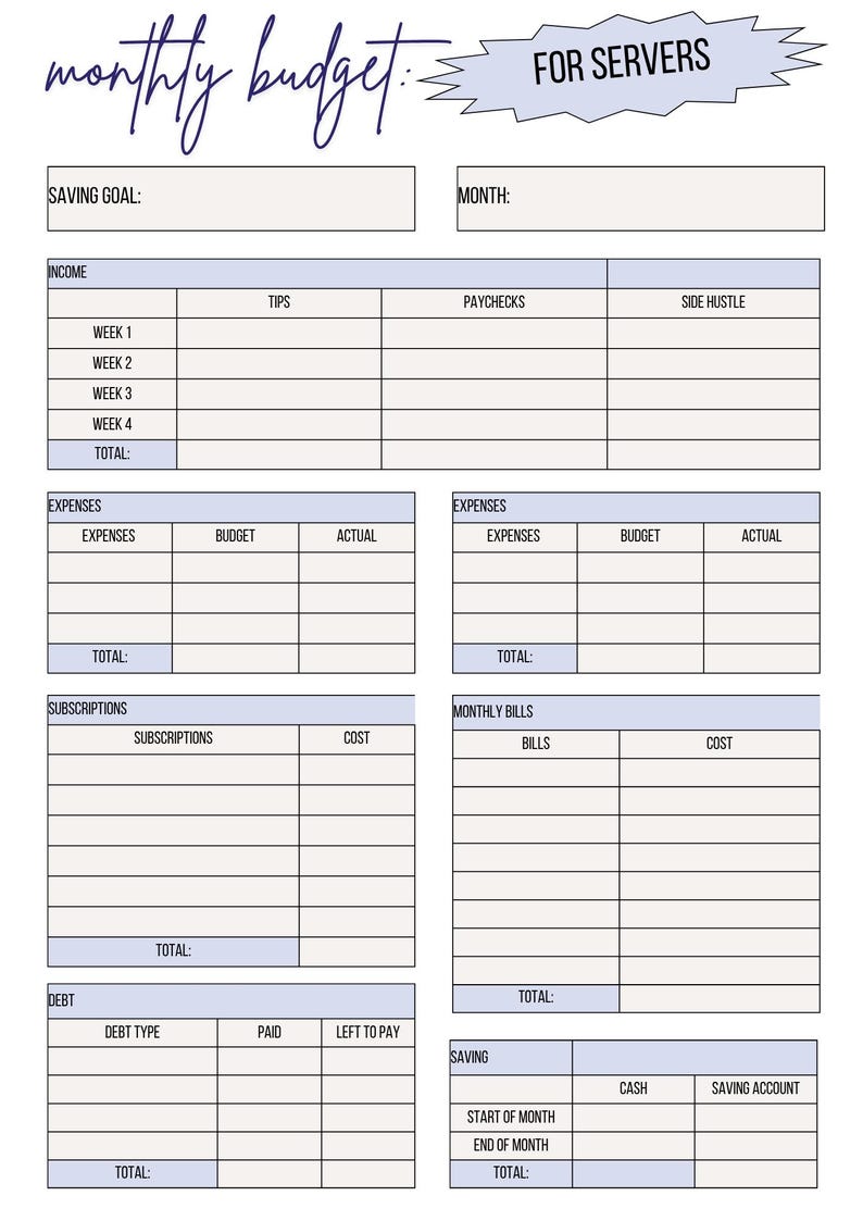 Printable Monthly Budget for Servers- Editable Template - Etsy