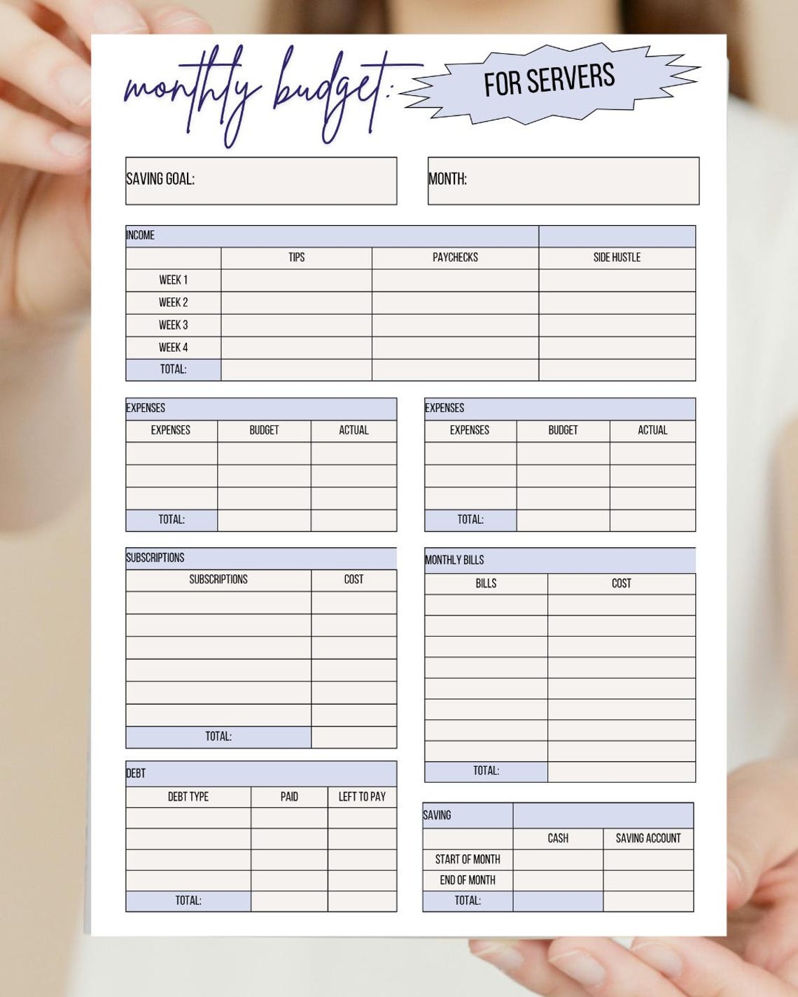 Printable Monthly Budget for Servers- Editable Template - Etsy