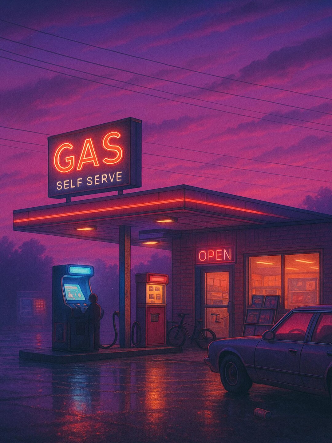 1980s Gas Station Art Print – Retro Dreamcore Neon Scene With Purple ...