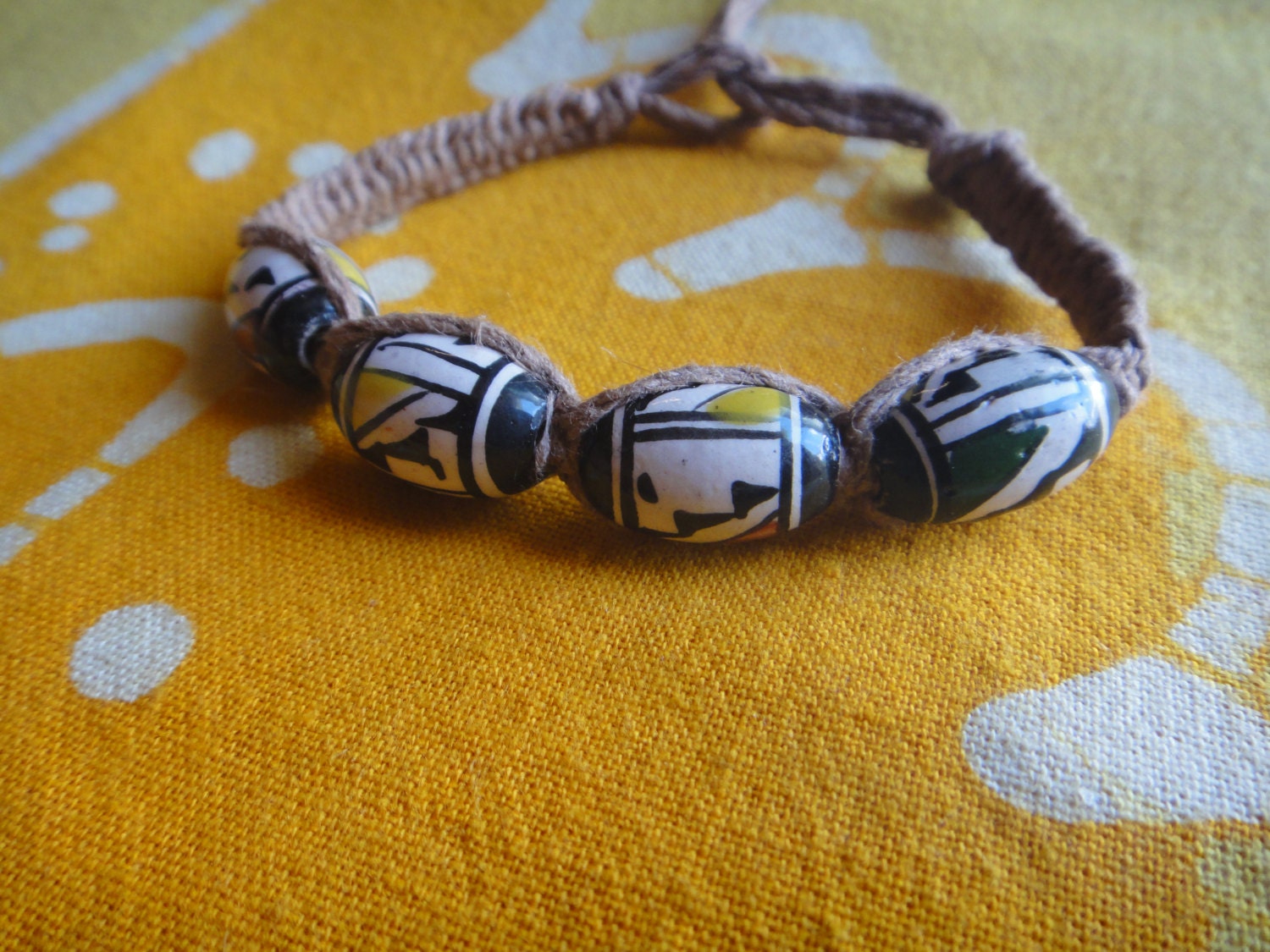 Peruvian Ceramic Bead Hemp Bracelet / Anklet Hand Painted Inca Boho ...